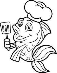 Outlined cute fish chef cartoon character Vector Image