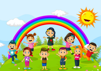 Happy kids cartoon playing with landscape rainbow Vector Image