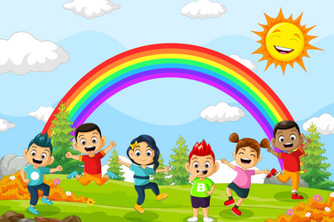 Happy kids cartoon playing with rainy landscape ba