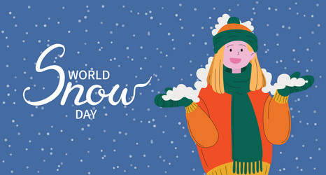 World snow day banner girl holds heart Royalty Free Vector