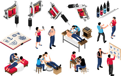 Tattoo isometric color set Royalty Free Vector Image