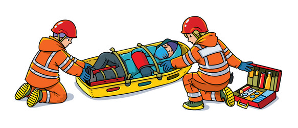 Rescue helicopter and the rescuers cartoon Vector Image