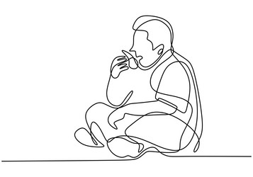 Continuous line drawing of boy is eating happy Vector Image