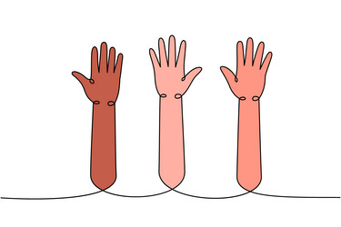 Hands raised up one line colored continuous Vector Image