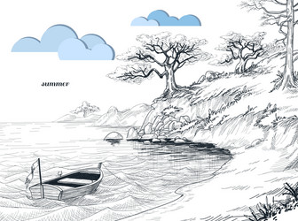 Harbor drawing small buildings and boats on shore Vector Image