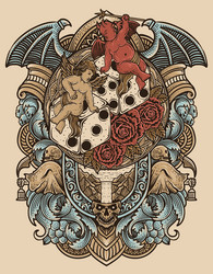 Hand drawn angel and demon sitting on dice Vector Image