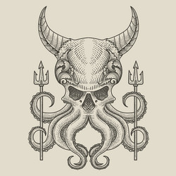 Demon octopus with two trident antique engraving Vector Image
