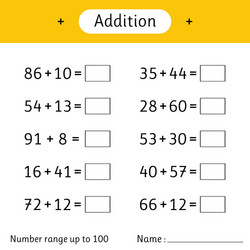 Addition number range up to 100 math worksheet Vector Image
