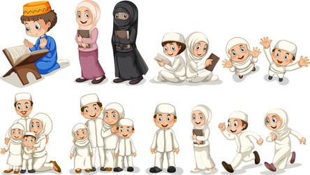 Arabic muslim kids characters in daily activities Vector Image