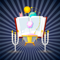 Wizard casts his magic by reading a spell book Vector Image