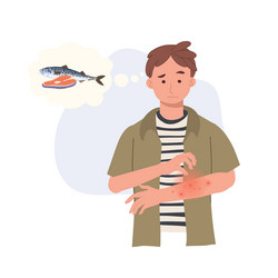 Seafood allergy reaction man with itchy red rash Vector Image