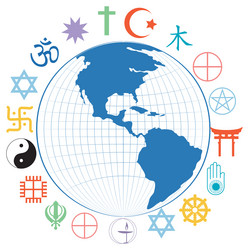 Religious symbols around earth planet Royalty Free Vector