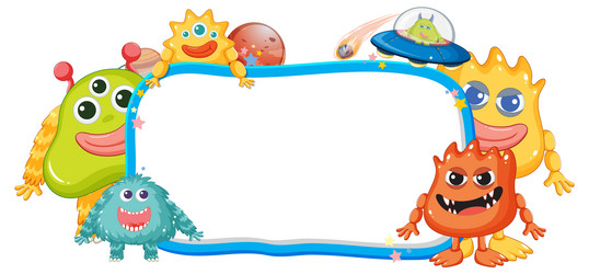 Cute happy monster friends with banner frame Vector Image