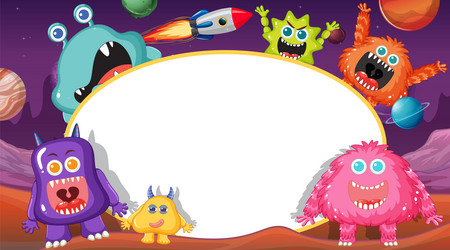 Cute monsters in a space-themed frame Royalty Free Vector