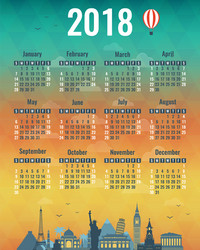 Calendar for 2018 with famous wolrd landmarks Vector Image