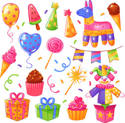 Cartoon birthday party decorations gifts presents Vector Image