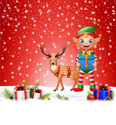 Christmas background with elf and deer Royalty Free Vector