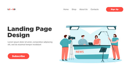 Two journalists sitting at desk on tv studio Vector Image