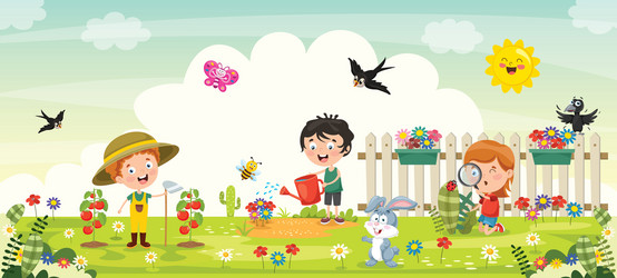 Children gardening and planting Royalty Free Vector Image