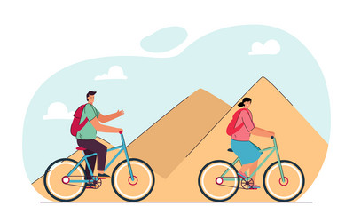 Couple riding moped on egyptian pyramids Vector Image