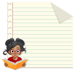 Cartoon girl reading with lined paper background Vector Image