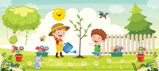 Children gardening and planting Royalty Free Vector Image