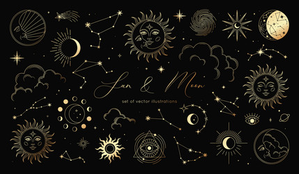 Set of sun moon stars clouds constellations and Vector Image