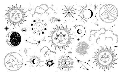 Golden set of sun moon stars clouds Royalty Free Vector