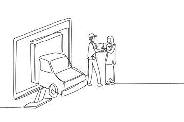 Continuous one line drawing delivery car deliver Vector Image