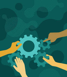 Cartoon hands joining gears into single gearbox Vector Image