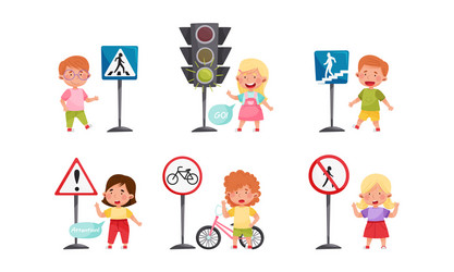 Smiling boy cycling near bicycle road sign Vector Image