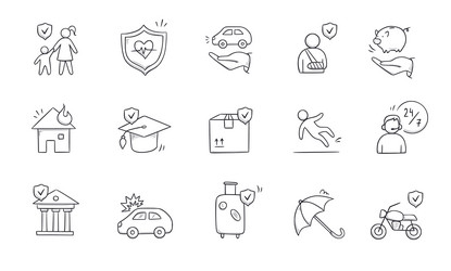 Insurance doodle icon set hand drawn sketch life Vector Image