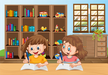 Two kids cartoon character doing homework Vector Image