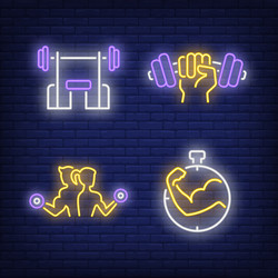 Gym neon sign set weight training Royalty Free Vector Image