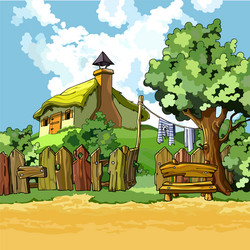 Cartoon courtyard with rustic wooden buildings Vector Image
