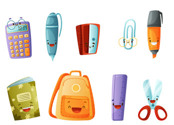 Funny school items with smiling faces as cartoon Vector Image