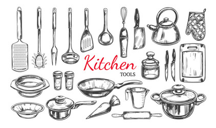 Sketch kitchen tools cooking utensils hand drawn Vector Image