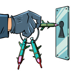 A thief holds lock pick in his hand comic Vector Image