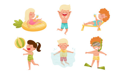 Children at sea shore playing sunbathing Vector Image