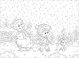 Young mom sledding a happy little girl Royalty Free Vector