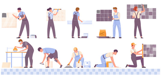 Builders in uniform flat characters set Royalty Free Vector