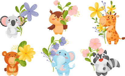 Cute animals holding flower on stalk Royalty Free Vector