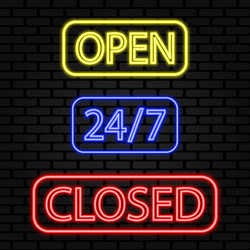 Neon signs open closed around clock Royalty Free Vector