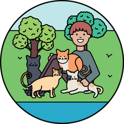 Young man with cute cats mascots on park Vector Image