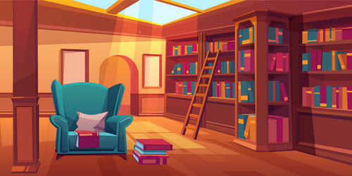 Cartoon library interior with bookshelf background