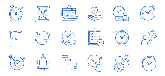 Time calendar doodle line icon set hand drawn Vector Image
