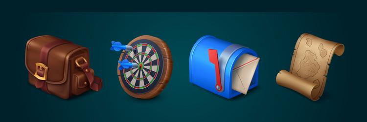 Props game icons set with target bag map Vector Image