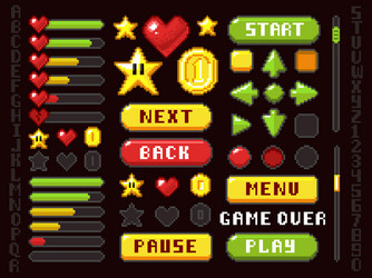 Pixel art video game interface icon set Royalty Free Vector