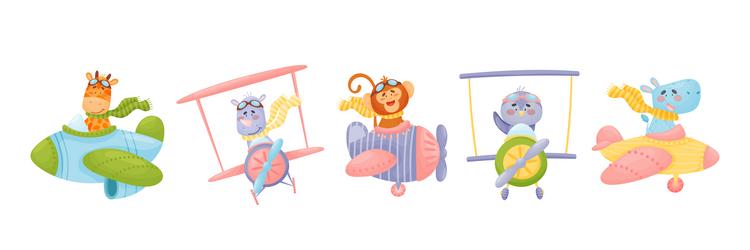 Cute baby animals pilot flying plane set Vector Image