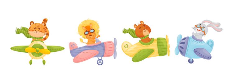 Cute baby animals pilot flying plane set Vector Image